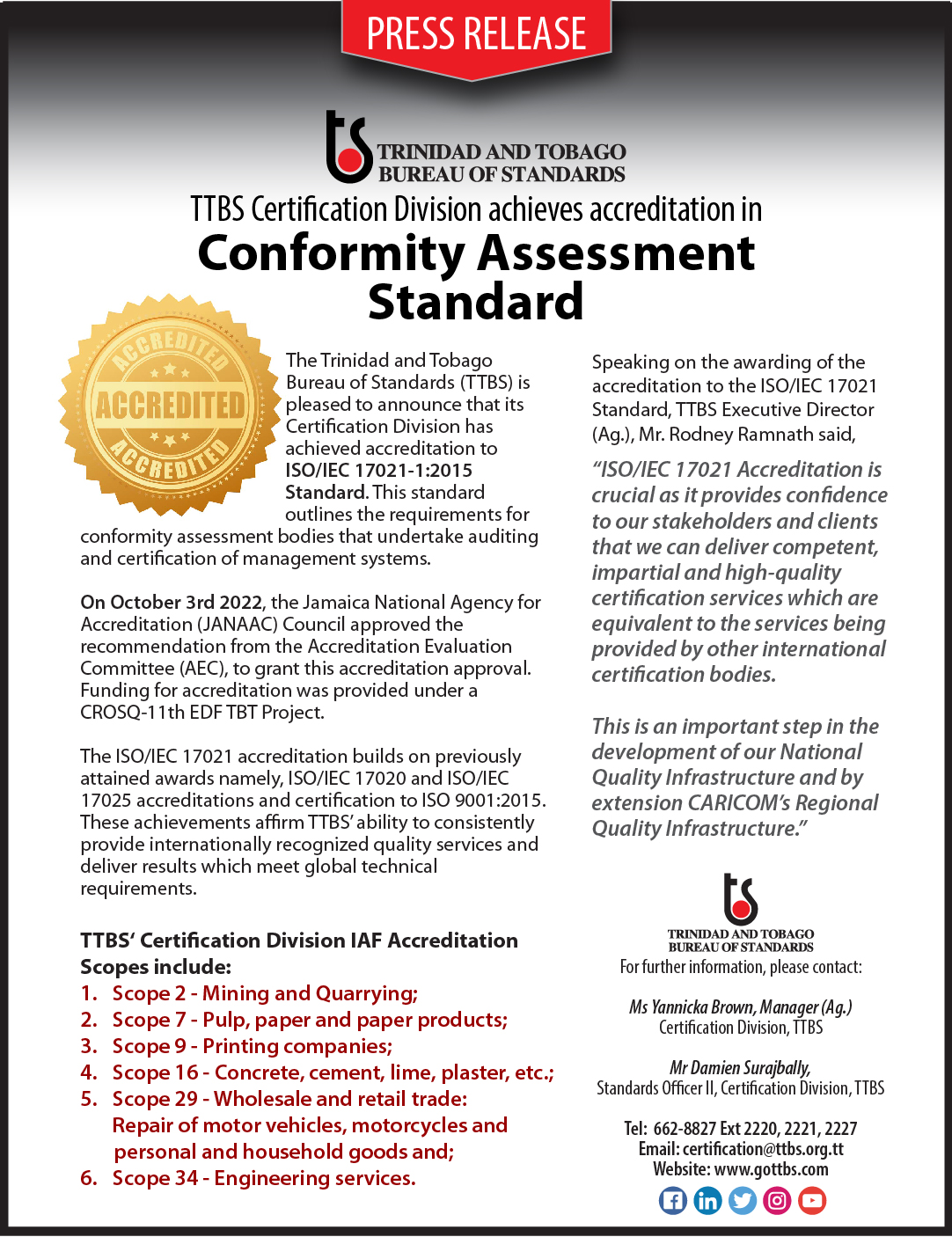 TTBS Certification Division achieves Accreditation in Conformity ...