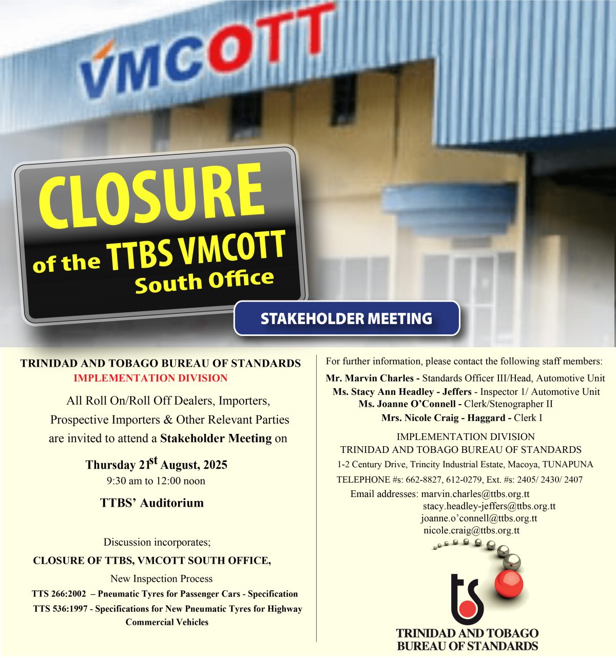 Closure of the TTBS VMCOTT South Office – Stakeholder Meeting | TTBS